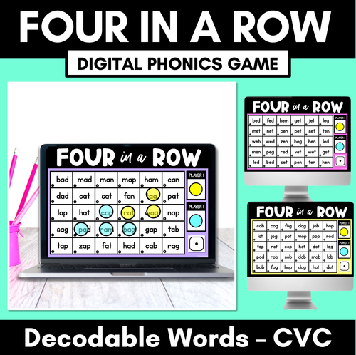 CVC Words DIGITAL Phonics Game - Four in A Row Decodable Words PowerPoint