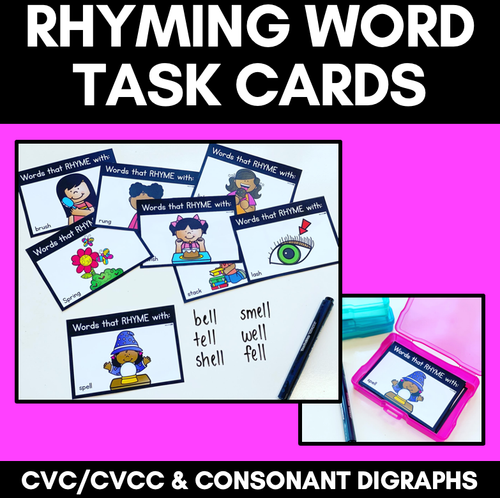 RHYME TASK CARDS - Rhyming CVC & CVCC Words and words with consonant ...