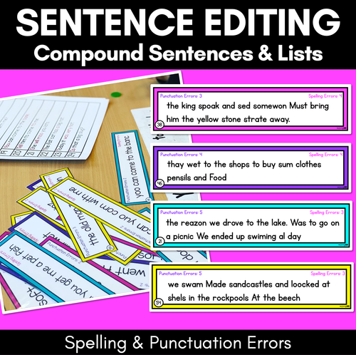 SENTENCE EDITING TASK CARDS - Compound Sentences & Lists