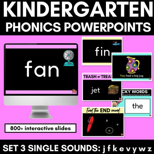 Kindergarten Phonics PowerPoints Set 3- j n f k e v y z - Mrs Learning Bee