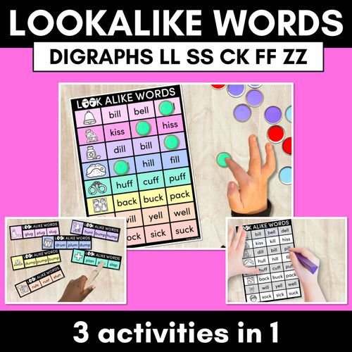 LOOKALIKE WORDS with Digraphs LL SS CK FF ZZ Words - Task Cards ...
