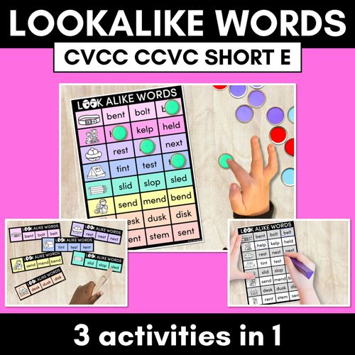 LOOKALIKE WORDS with CVCC CCVC Short E Words - Task Cards & Printables ...