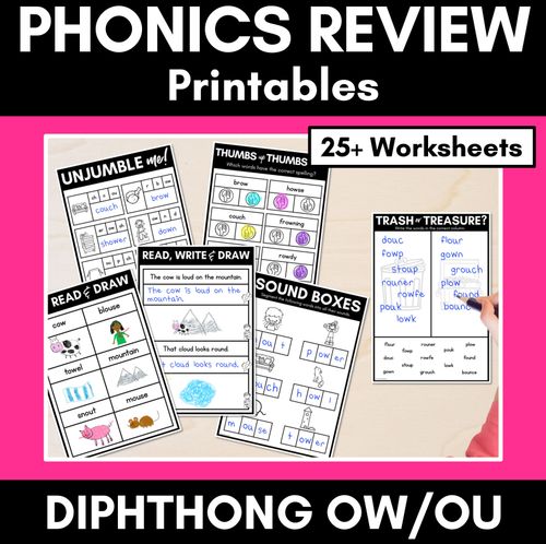 Diphthong OU/OW Worksheets - PHONICS REVIEW for Diphthong Sounds - Mrs ...