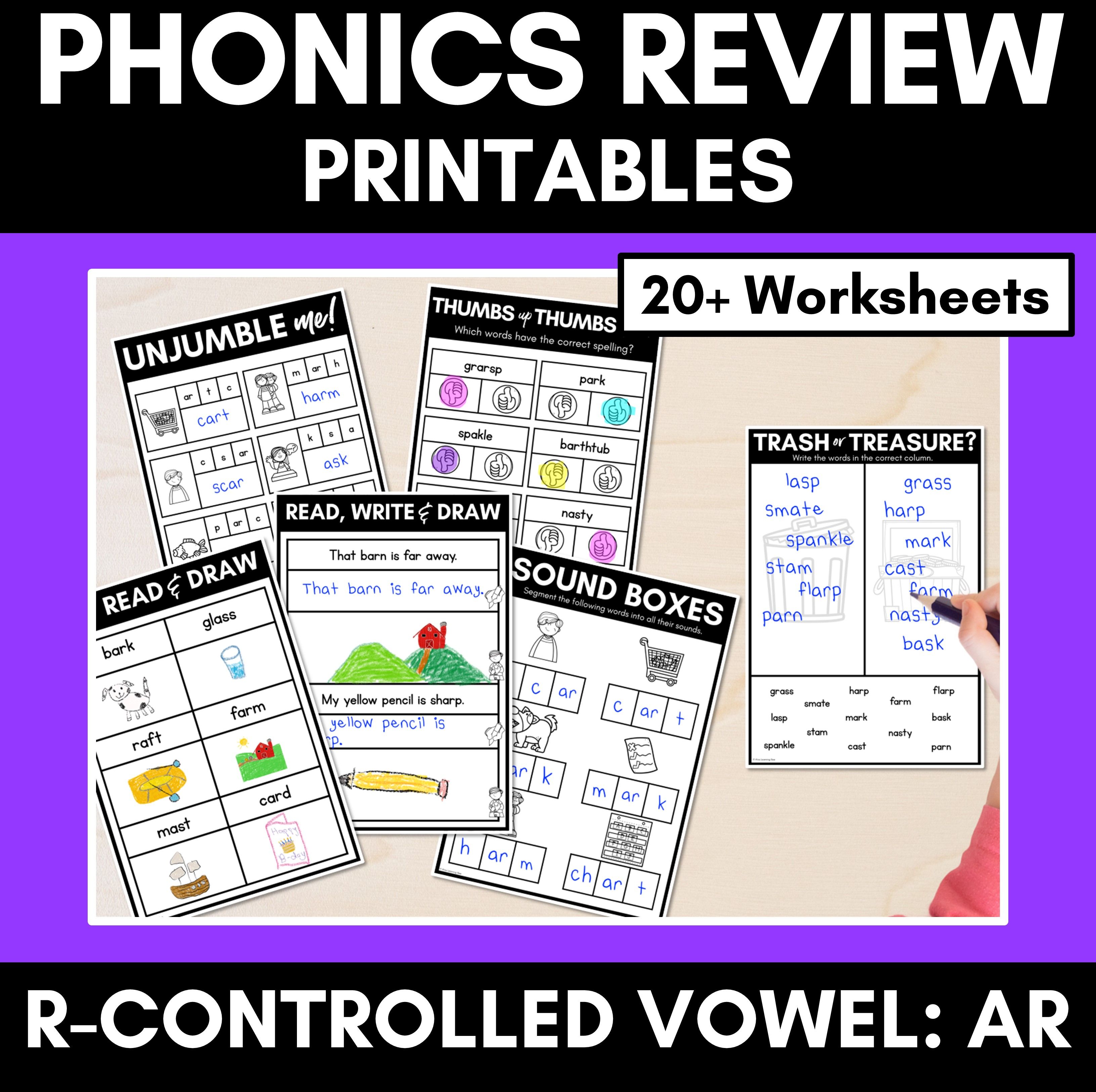R-Controlled AR Worksheets - PHONICS REVIEW for R-Controlled Vowel ...