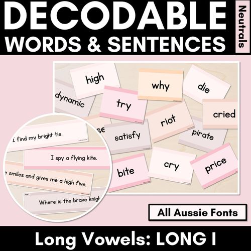Neutral Long Vowel I Decodable Words and Sentence Cards - Mrs Learning Bee