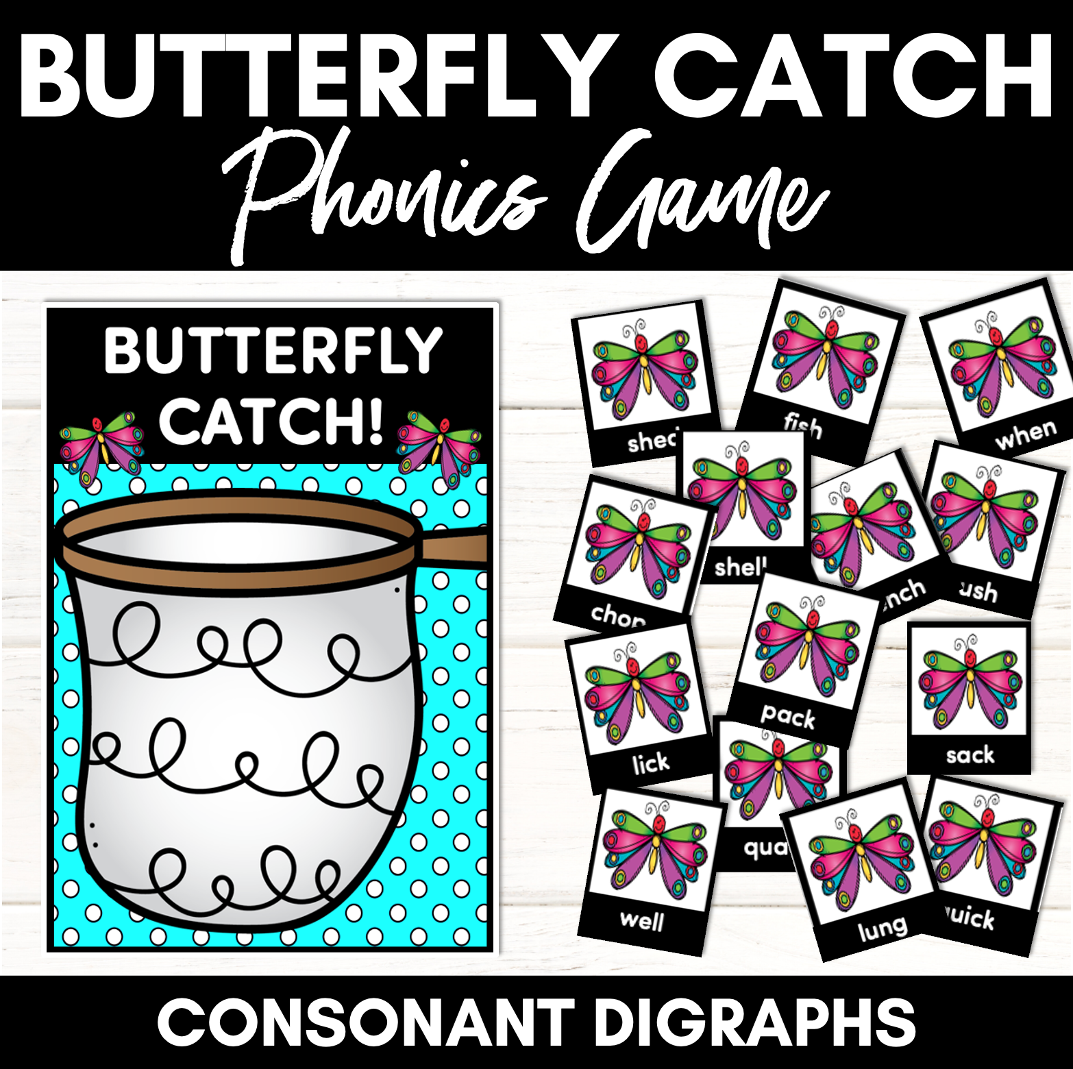 Consonant Digraph Word Phonics Game - Butterfly Catch - Mrs Learning Bee
