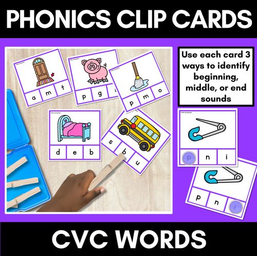 CVC Word Clip Cards for beginning, middle and end sounds - Phonics Task ...
