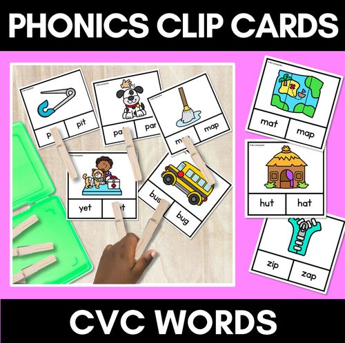 CVC Word Clip Cards - Kindergarten Phonics Task Cards