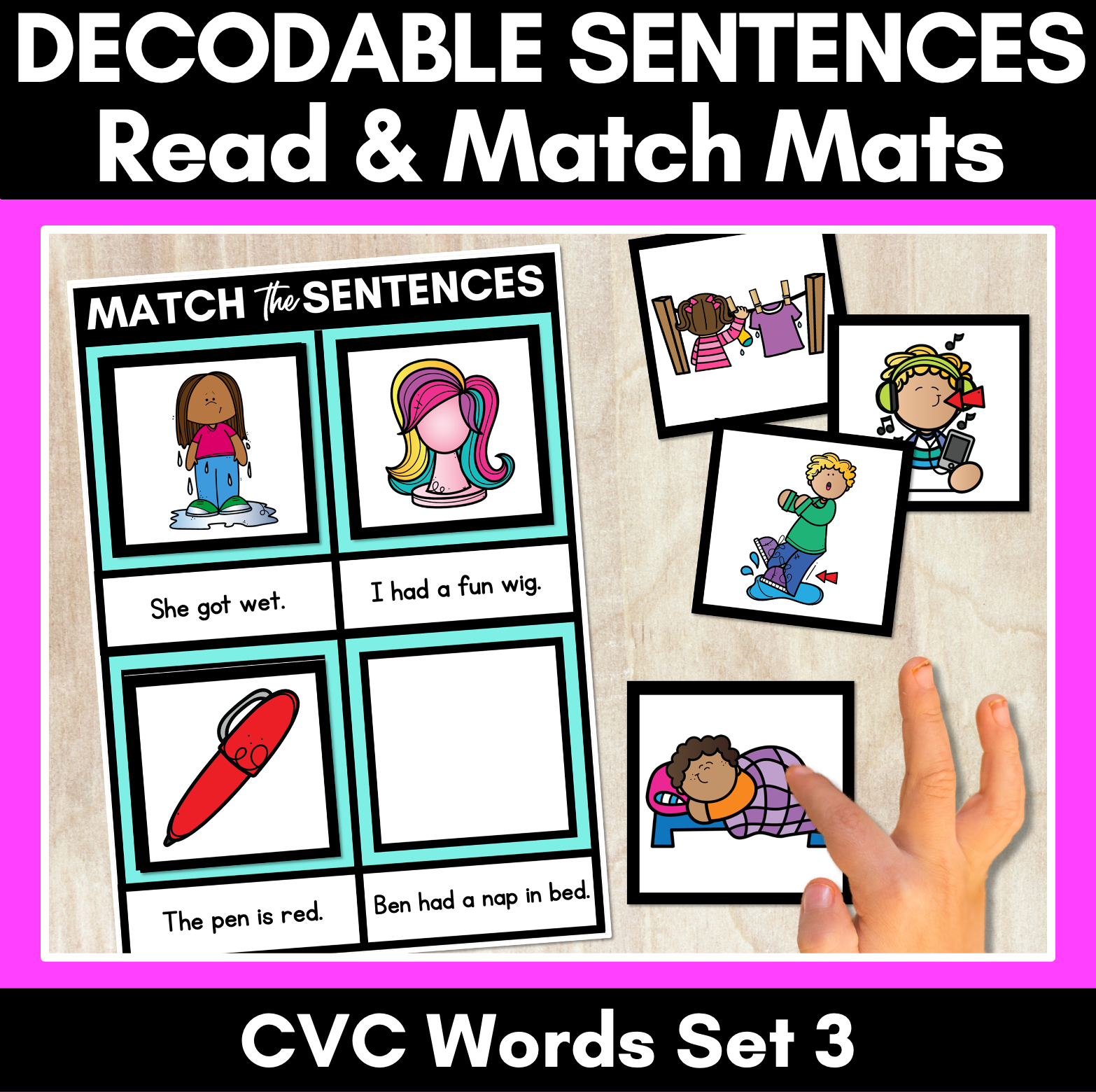 Decodable CVC Sentences Mats - Read & Match Set 3 - CVC Words - Mrs ...