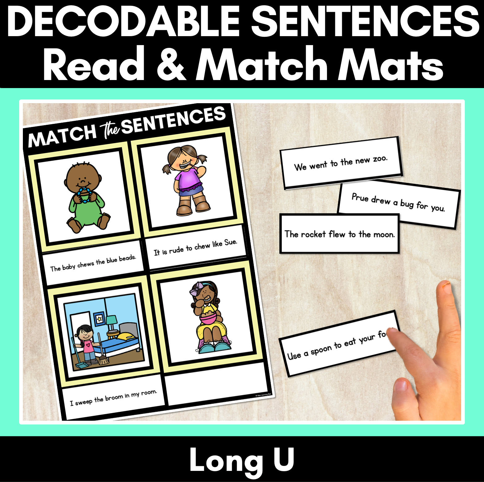 Long Vowel U Decodable Sentences Mats - Read & Match - Mrs Learning Bee