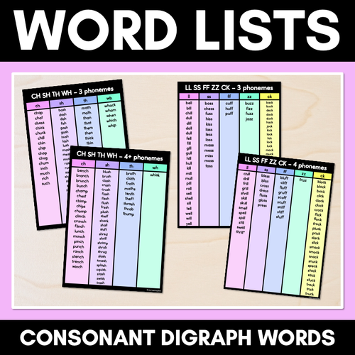 Decodable Word Lists - Consonant Digraphs ch sh th wh ll ss ff zz zz qu ...
