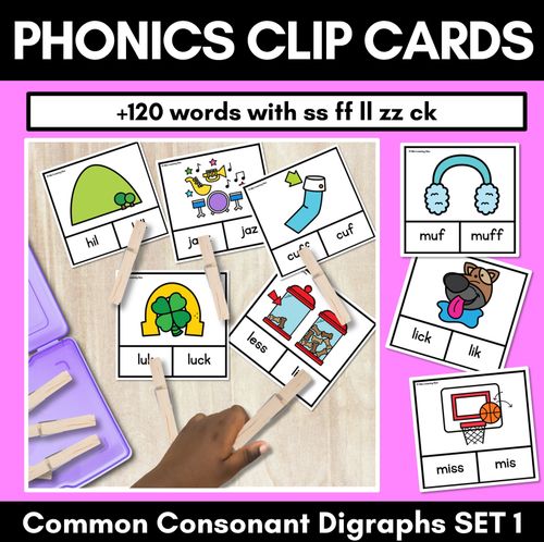 Consonant Digraphs ll ff zz ss ck - FLOSS Rule Clip Cards