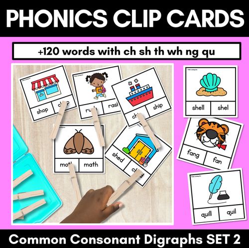 Consonant Digraphs sh th ch wh qu ng - Phonics Clip Cards