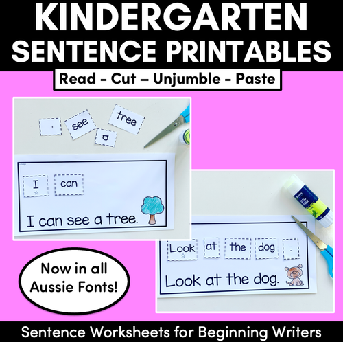 Kindergarten Sentence Worksheets - Set 2 READ, CUT, UNJUMBLE, PASTE ...