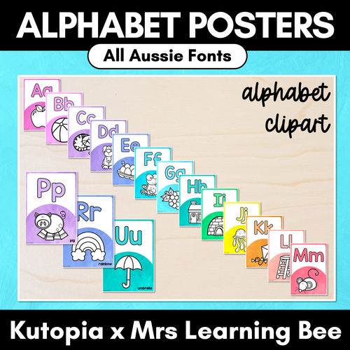 Alphabet Posters - The Kutopia Collection - Watercolour Rainbow with Clipart - Mrs Learning Bee