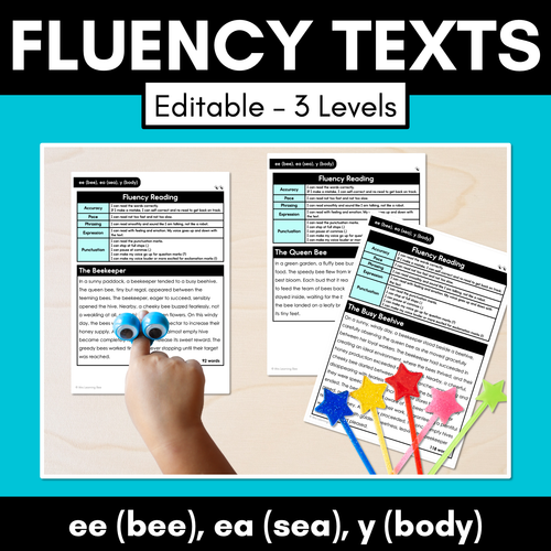 Editable Differentiated Decodable Fluency Texts - ee (bee), ea (sea), y ...