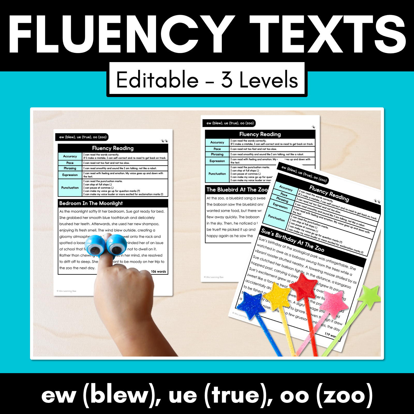 Editable Differentiated Decodable Fluency Texts - ew (blew), ue (true ...