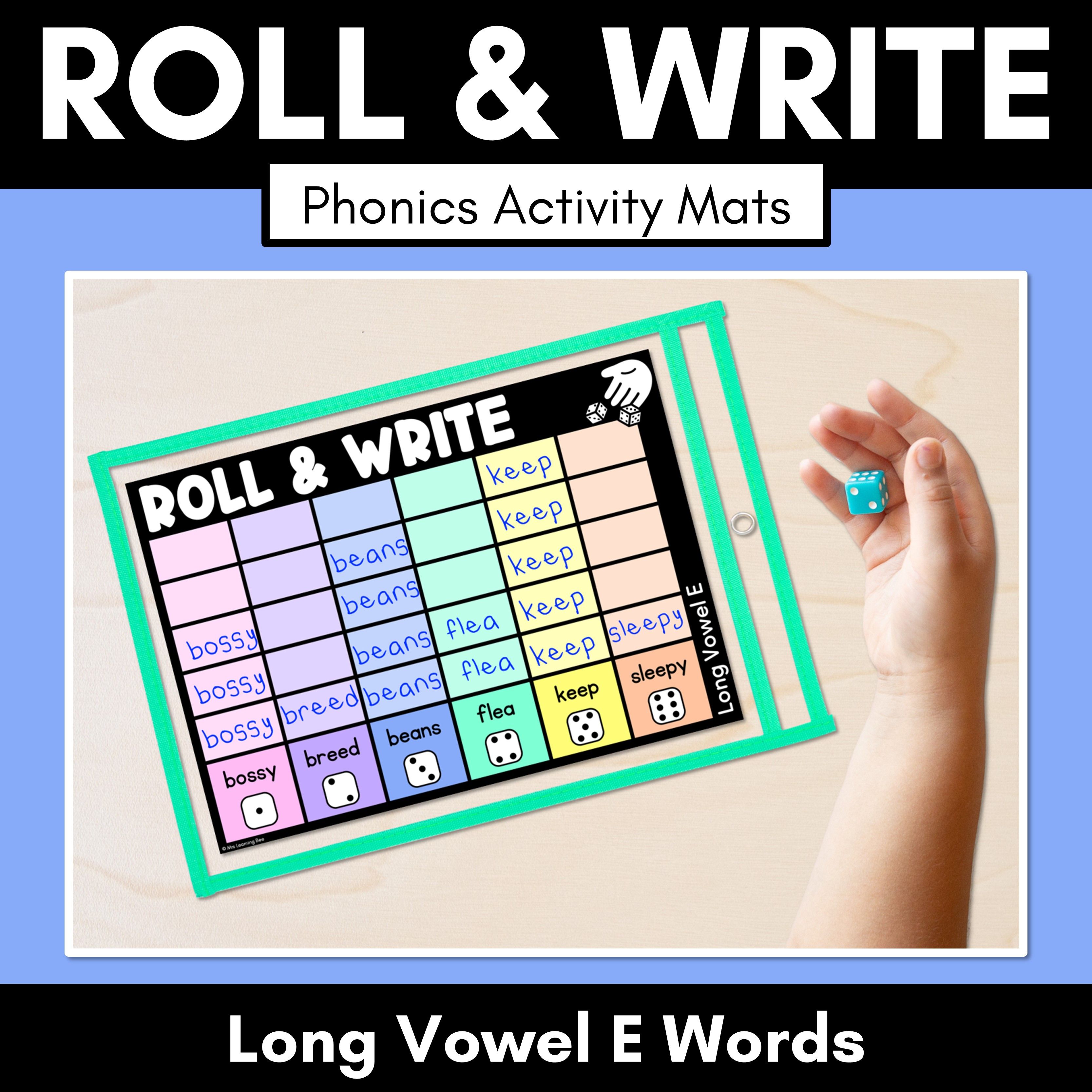 ROLL & WRITE PHONICS ACTIVITY MATS - LONG VOWEL E words - Mrs Learning Bee