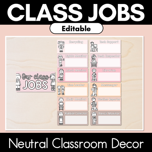 Editable Class Jobs Display - Neutral Classroom Decor - Mrs Learning Bee