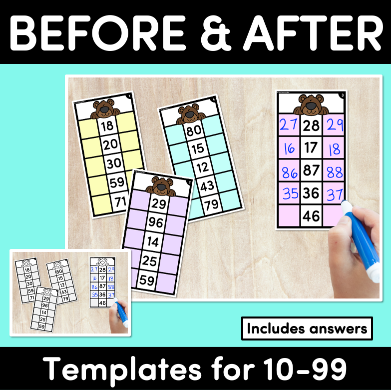 NUMBER BEFORE & AFTER Task Cards: 10-99 - Mrs Learning Bee