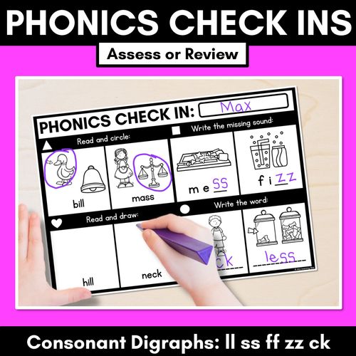 PHONICS CHECK INS - Consonant Digraphs ll ss ff zz ck - No Prep Phonics ...