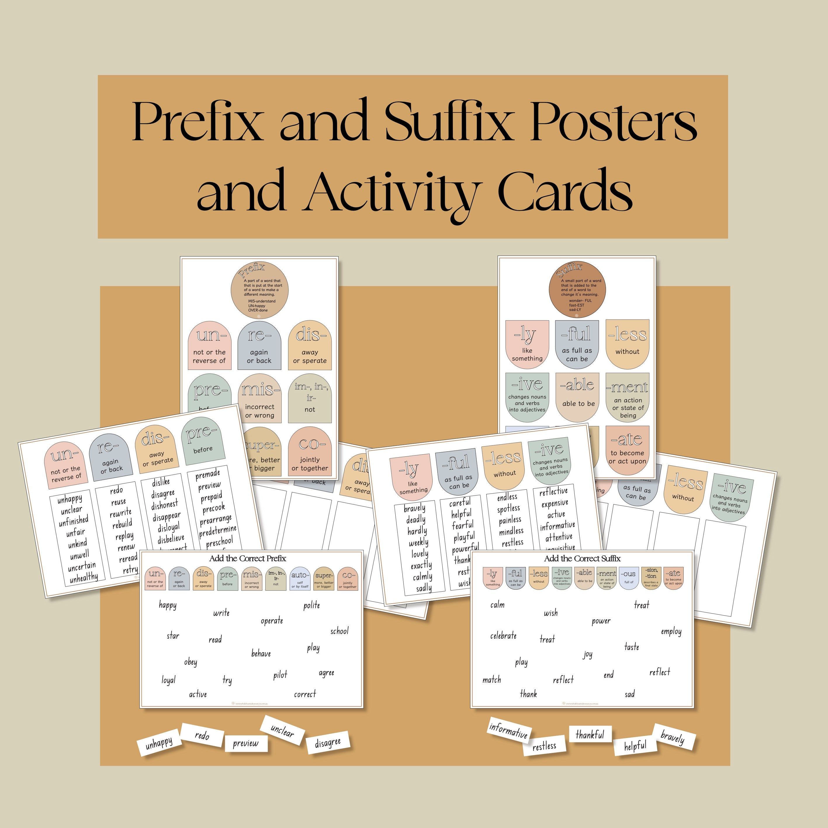 Prefix and Suffix Posters and Activity Cards - Mrs Learning Bee