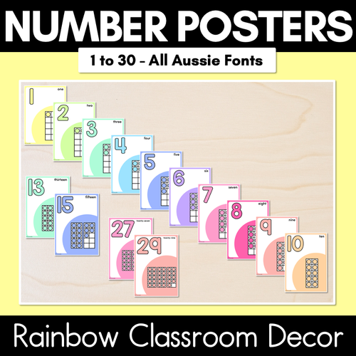 Number Posters with ten frames 1-30 - Rainbow Classroom Decor - Mrs ...