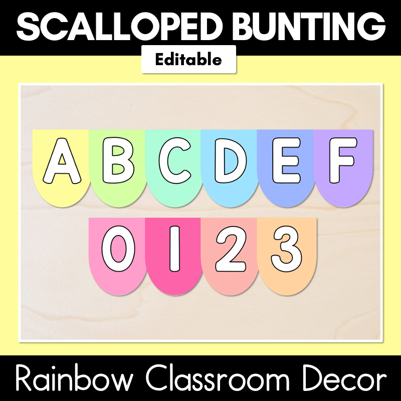 Editable Scalloped Bunting - Rainbow Classroom Decor - Mrs Learning Bee