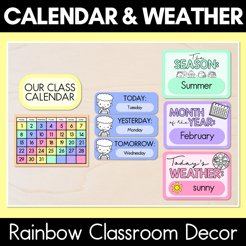 Calendar & Weather Display - Rainbow Classroom Decor - Mrs Learning Bee