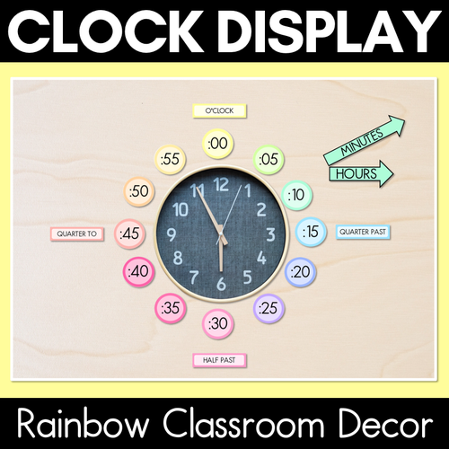 Rainbow Clock Display - Rainbow Classroom Decor - Mrs Learning Bee