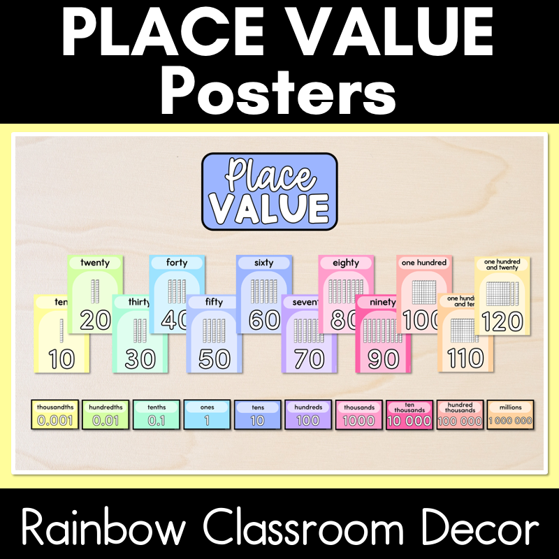 Place Value Posters- Rainbow Classroom Decor - Mrs Learning Bee