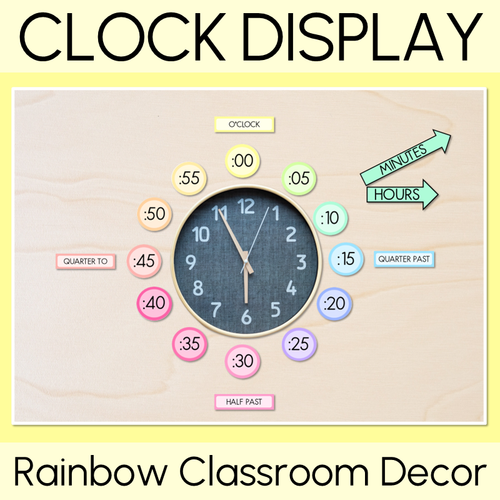 Rainbow Clock Display - Rainbow Classroom Decor - Mrs Learning Bee