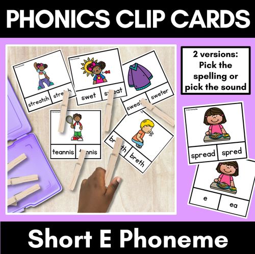 Short Vowel Phoneme E Clip Cards - E, EA - Vowel Sounds Phonics Game