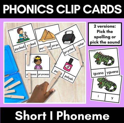 Short Vowel Phoneme I Clip Cards - I, Y - Vowel Sounds Phonics Game