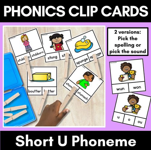Short Vowel Phoneme U Clip Cards - U, O, OU - Vowel Sounds Phonics Game