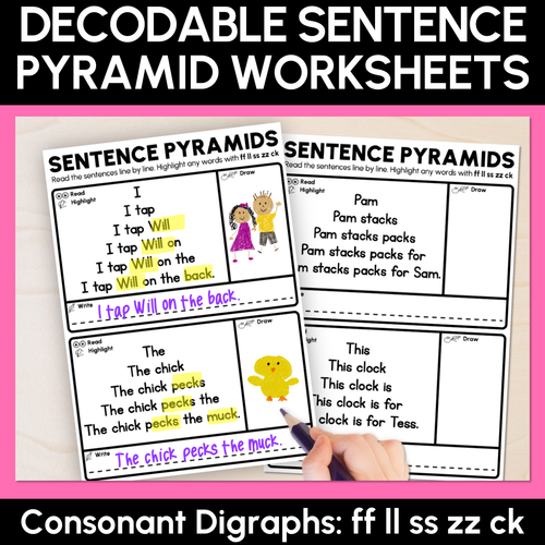 Decodable Sentence Pyramid Worksheets - Consonant Digraphs ff ll ss zz ck