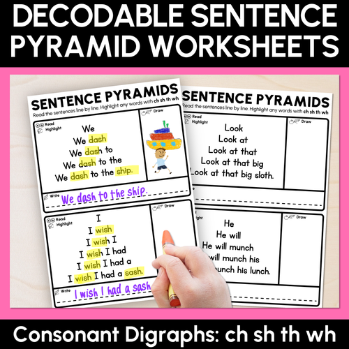 Decodable Sentence Pyramid Worksheets - Consonant Digraphs ch sh th wh