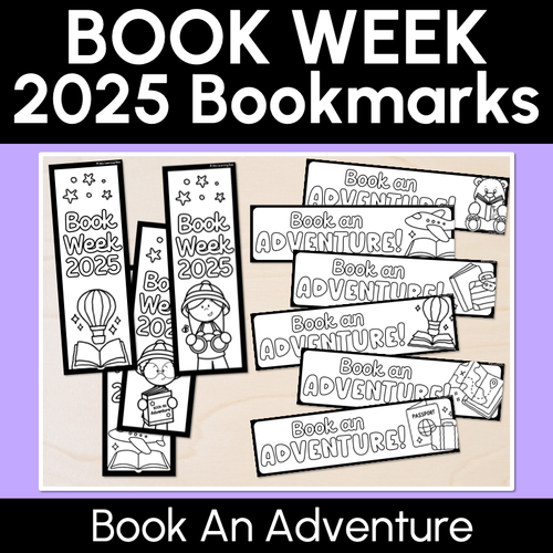 BOOK WEEK 2025 Bookmarks - Book An Adventure - Mrs Learning Bee