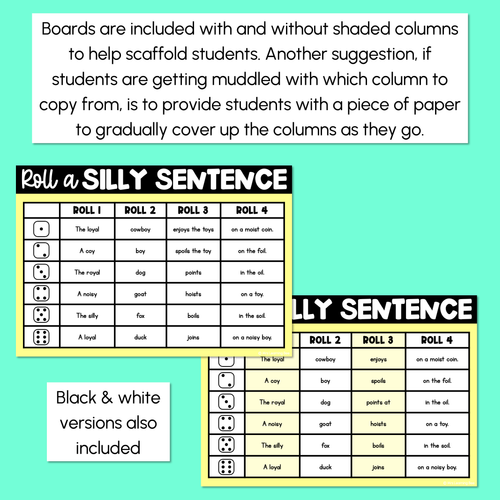 Decodable Sentences with Diphthong OI/OY Words - Roll a Silly Sentence ...