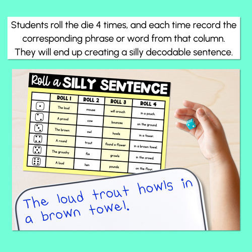 Decodable Sentences with Diphthong OW/OU Words - Roll a Silly Sentence ...