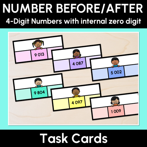 Number Before & After - 4-Digit Numbers (Internal Zero Digits) - Task Cards