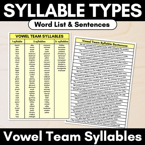 Syllable Pattern Word Lists & Sentences - Vowel Team Syllables - Mrs ...