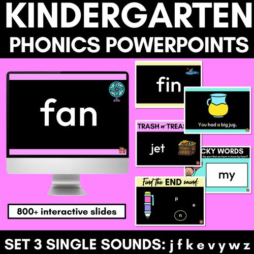 Kindergarten Phonics PowerPoints Set 3- j n f k e v y z