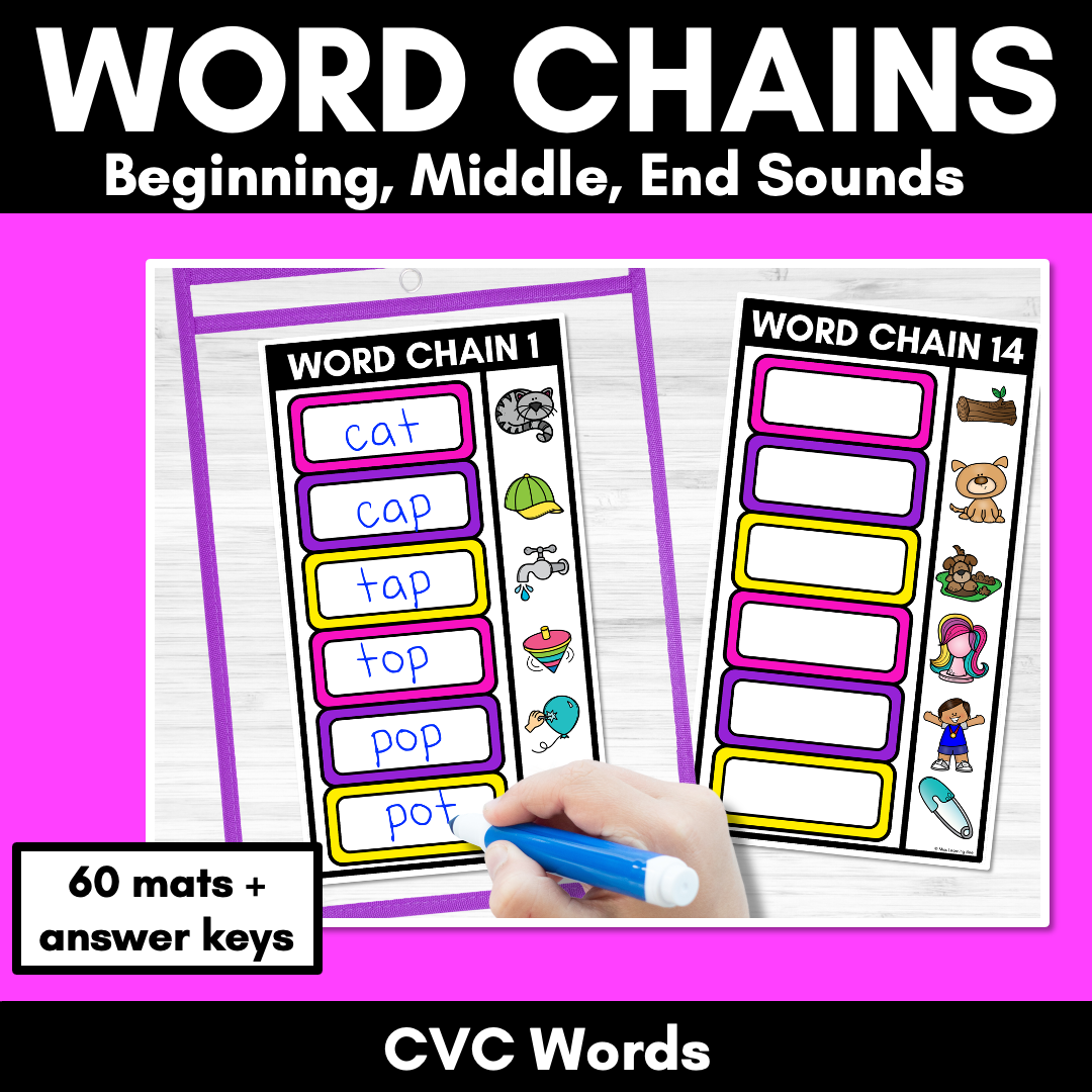 Word Chains Worksheets CVC Words W/ Short Vowels Kindergarten