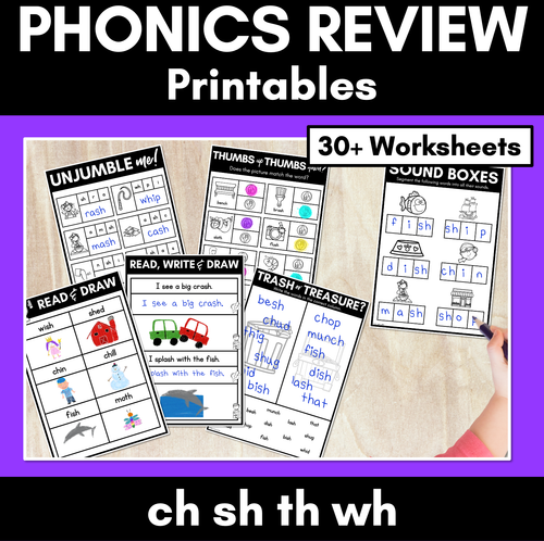 CH SH TH WH Worksheets - PHONICS REVIEW for Consonant Digraphs